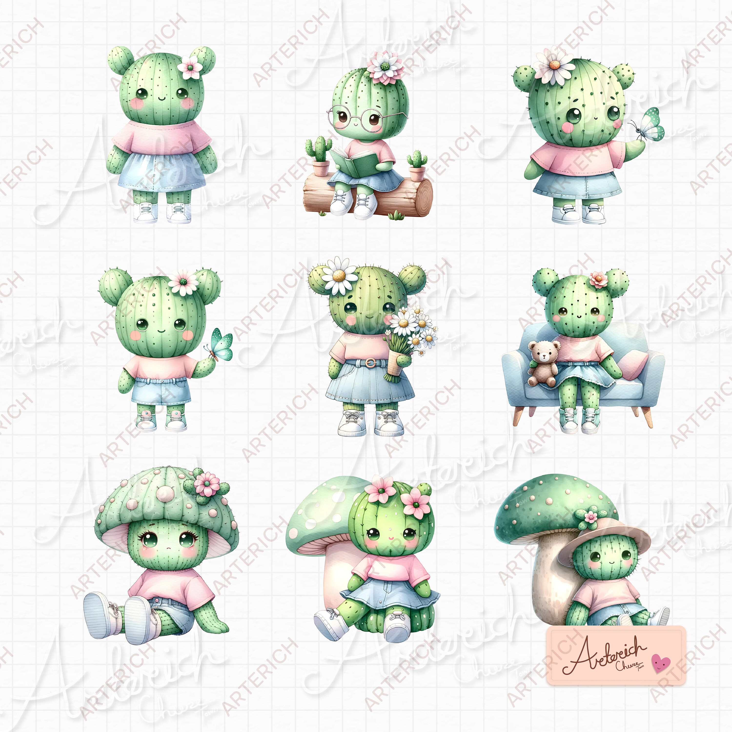 Watercolor Cactus Clipart,cute Cartoon Clipart for Commercial Use ...