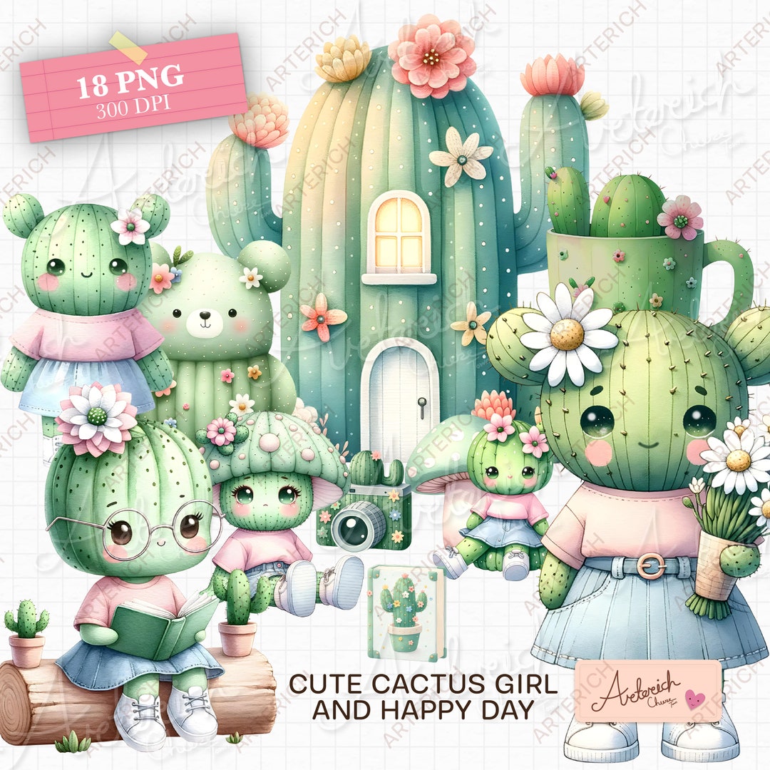 Watercolor Cactus Clipart,cute Cartoon Clipart for Commercial Use ...
