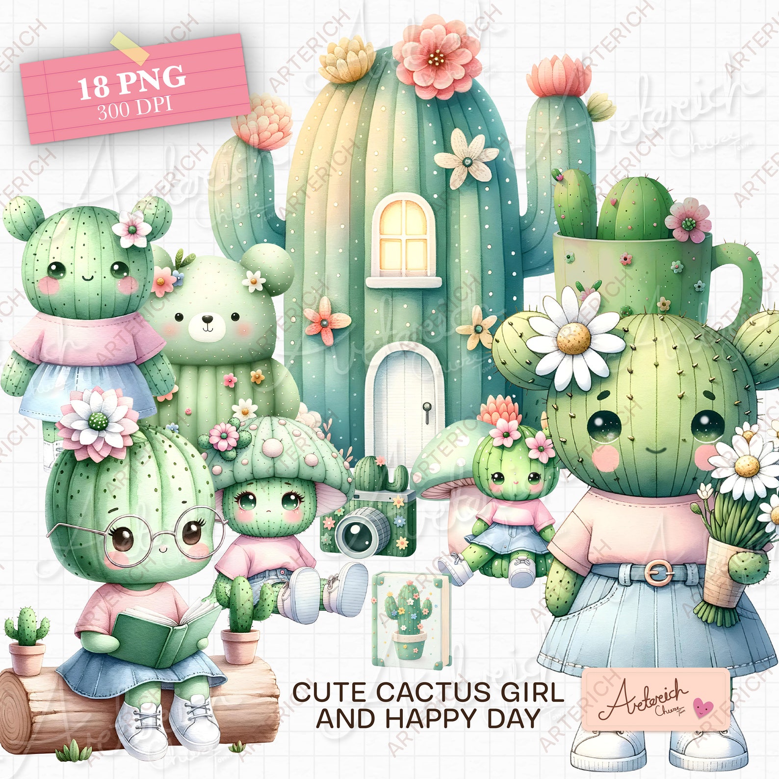 Watercolor Cactus Clipart,cute Cartoon Clipart for Commercial Use ...