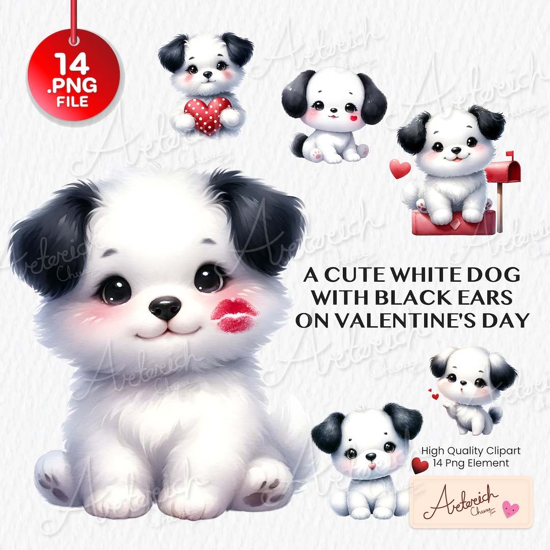 A Cute White Dog With Black Ears on Valentine's Day, Watercolor White ...