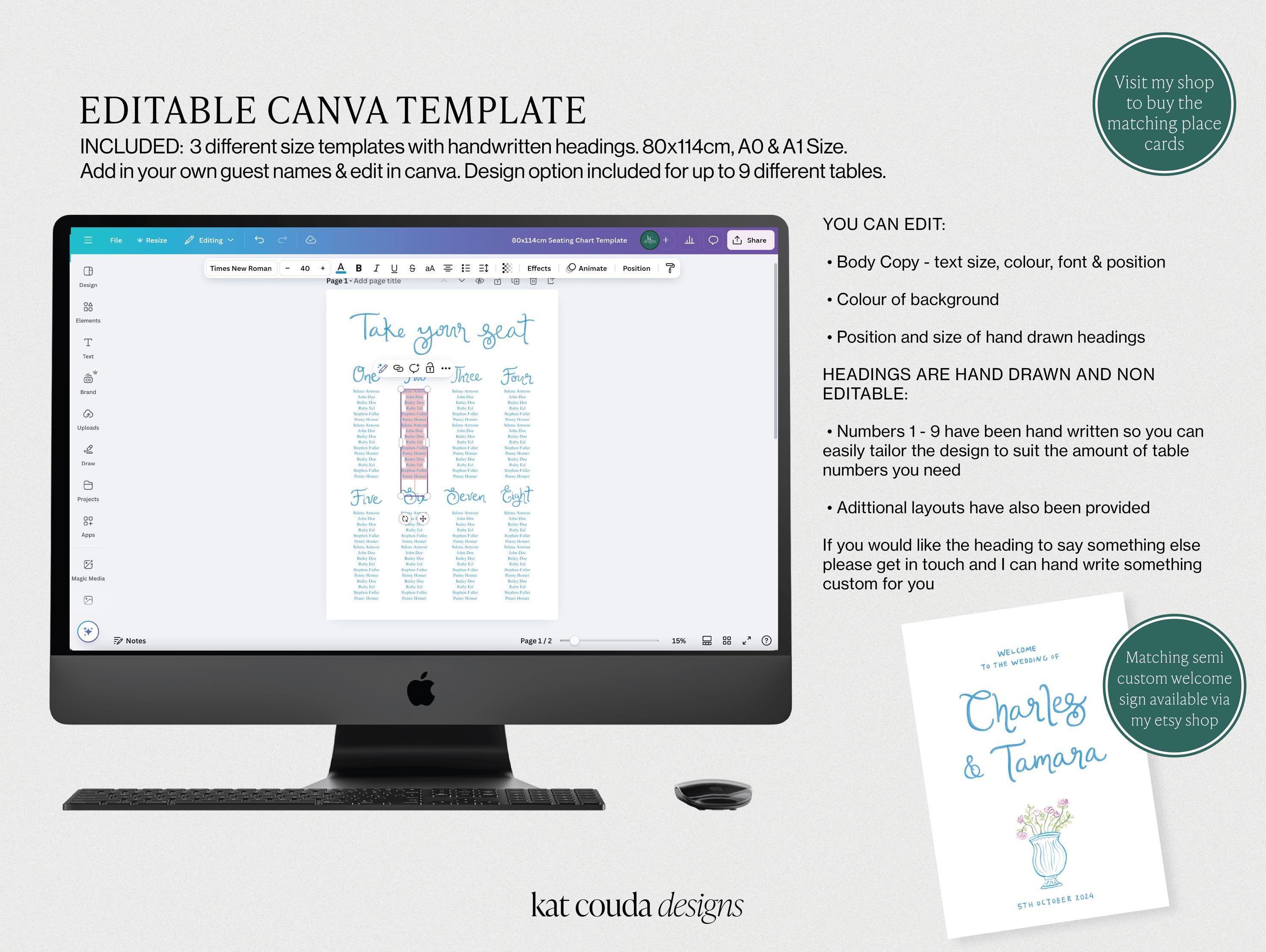 Editable Seating Chart Template With Hand Drawn Headings | Wedding ...