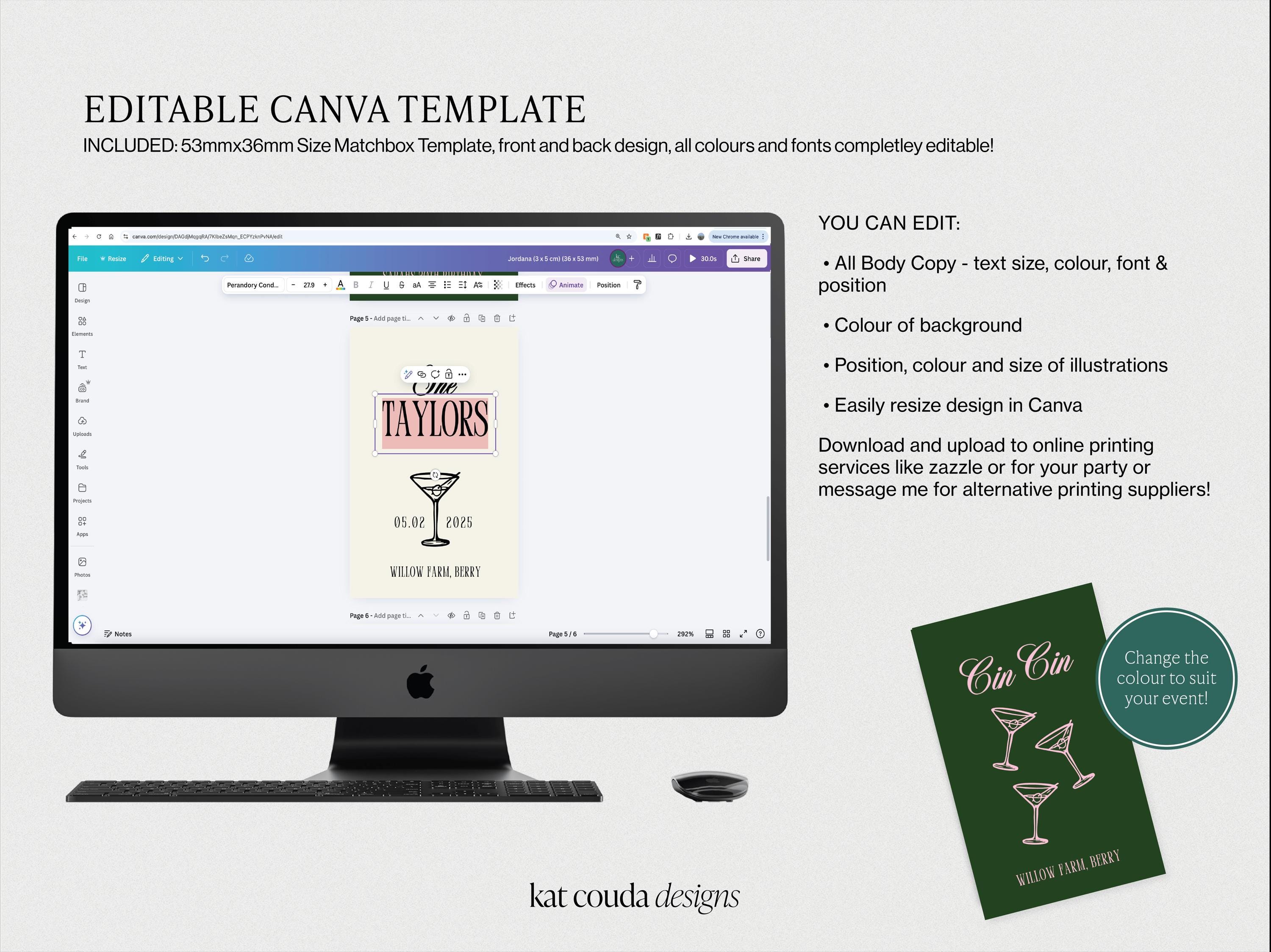 Wedding Martini Matchbox Template | Weddings and Events | Fully ...