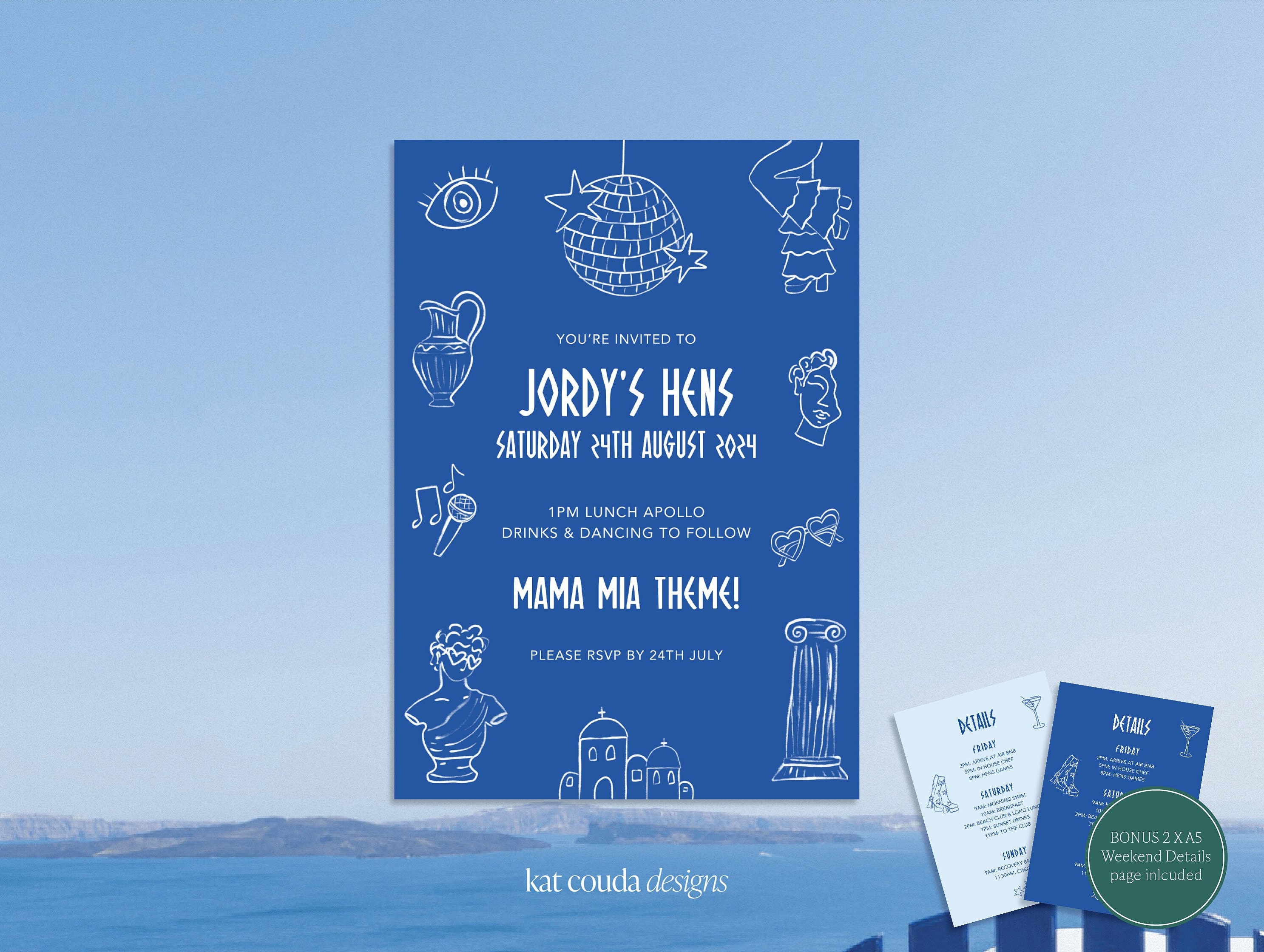 Mamma Mia Greece Theme Hens Invitation Template | Hand Drawn ...