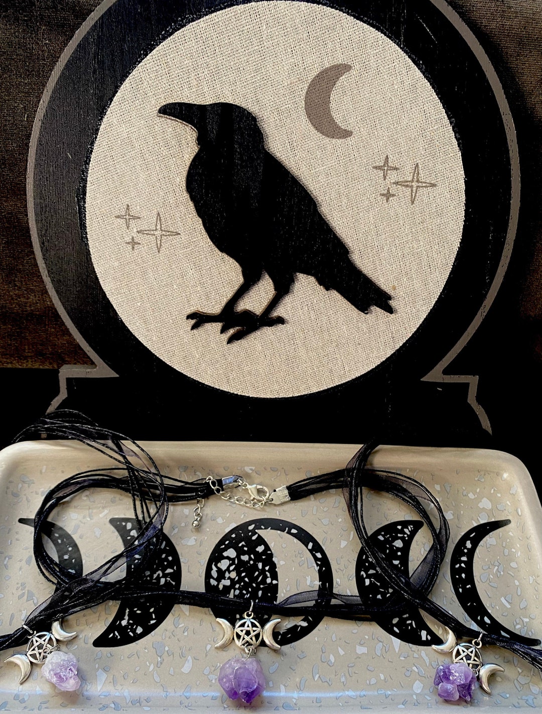 Multi Stranded Black Triple Moon Goddess With Raw Amethyst Necklace - Etsy