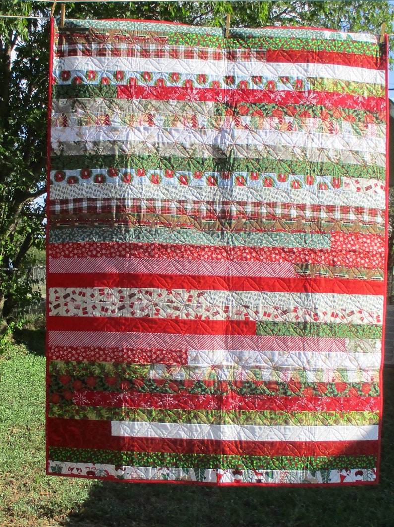 Handmade Christmas Jelly Roll Race Quilt: Modern Striped Lap Quilt ...