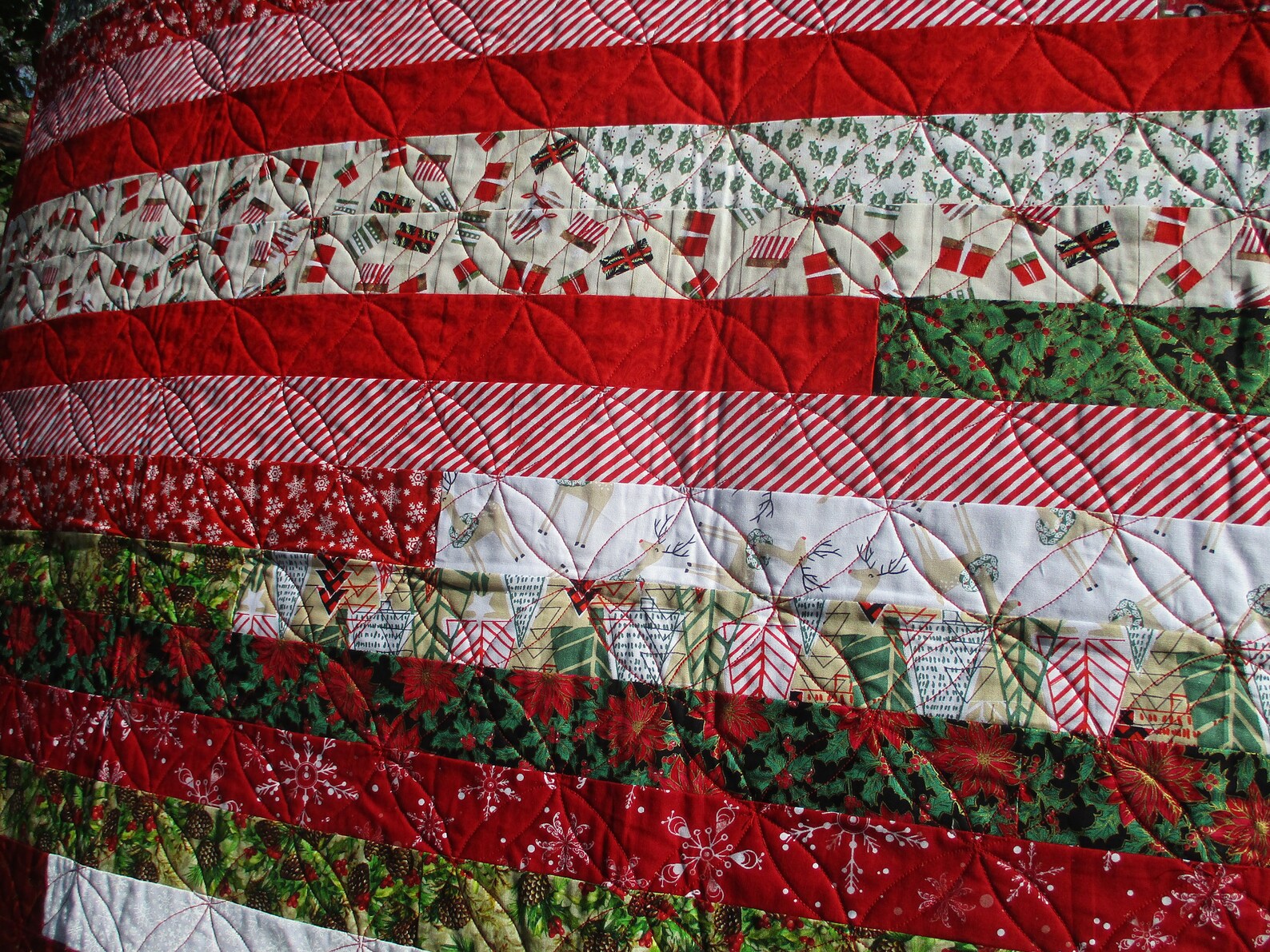 Handmade Christmas Quilt, Modern Striped Patchwork Blanket in Holiday ...