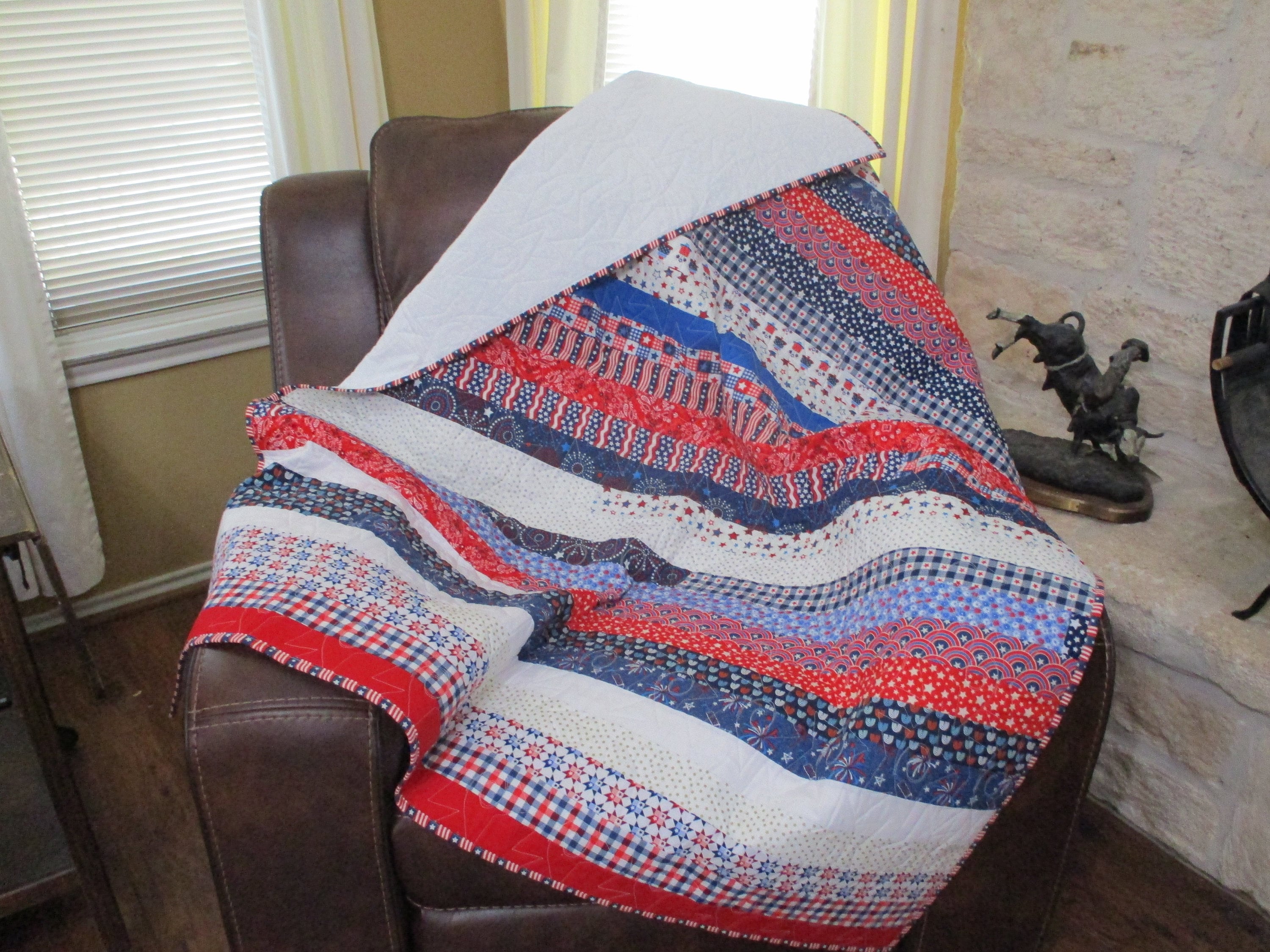 Red, White and Blue Jelly Roll Race Quilt, Handmade, Modern Patchwork ...