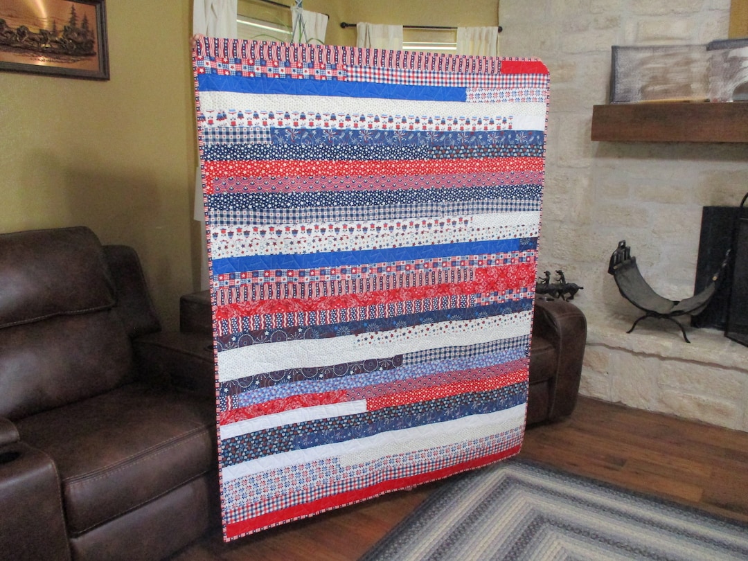 Red, White and Blue Jelly Roll Race Quilt, Handmade, Modern Patchwork ...