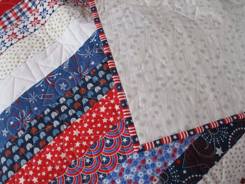 Red, White and Blue Jelly Roll Race Quilt, Handmade, Modern Patchwork ...