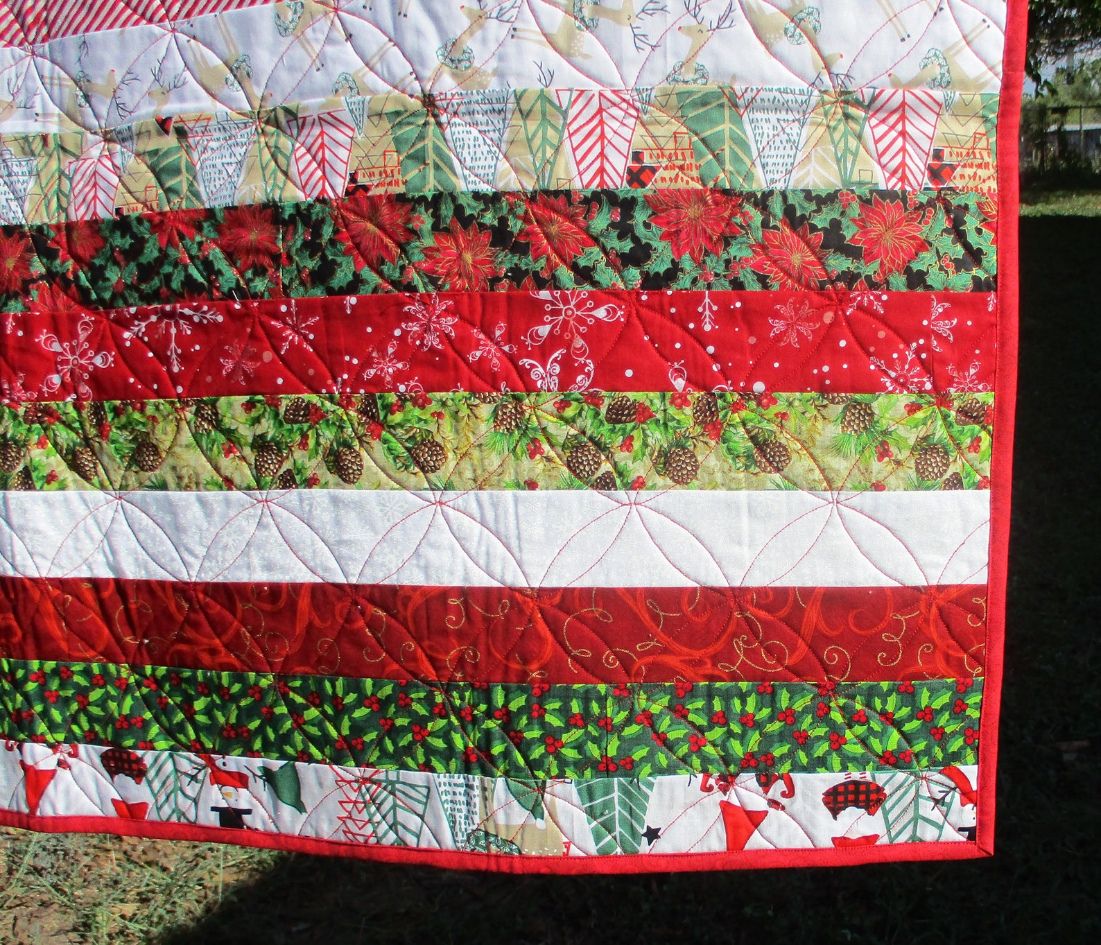 Handmade Christmas Quilt, Modern Striped Patchwork Blanket in Holiday ...
