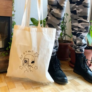 Alien Tote Bag, Pure Cotton, Sustainable Totes, Embroidery Design, Ufo ...