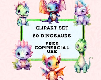 Dinosaur Watercolor Clip Art Bundle Kids PNG Digital Download Print-on ...