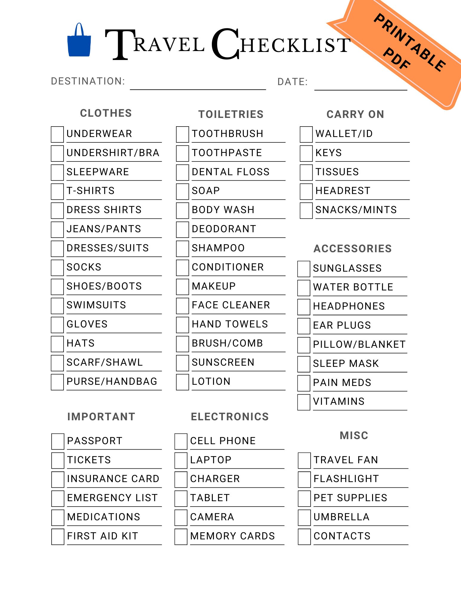 Travel Packing Checklist: Printable PDF Download - Etsy