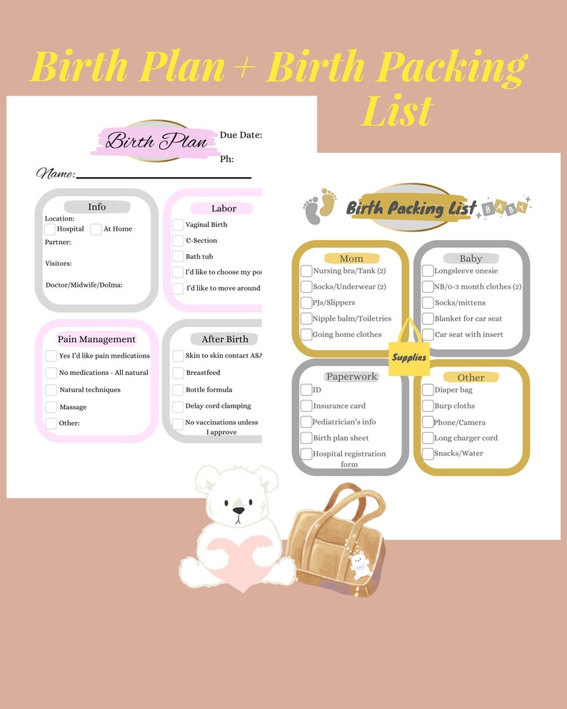 Birth Plan and Packing List | Instant Download | Printable Birth ...