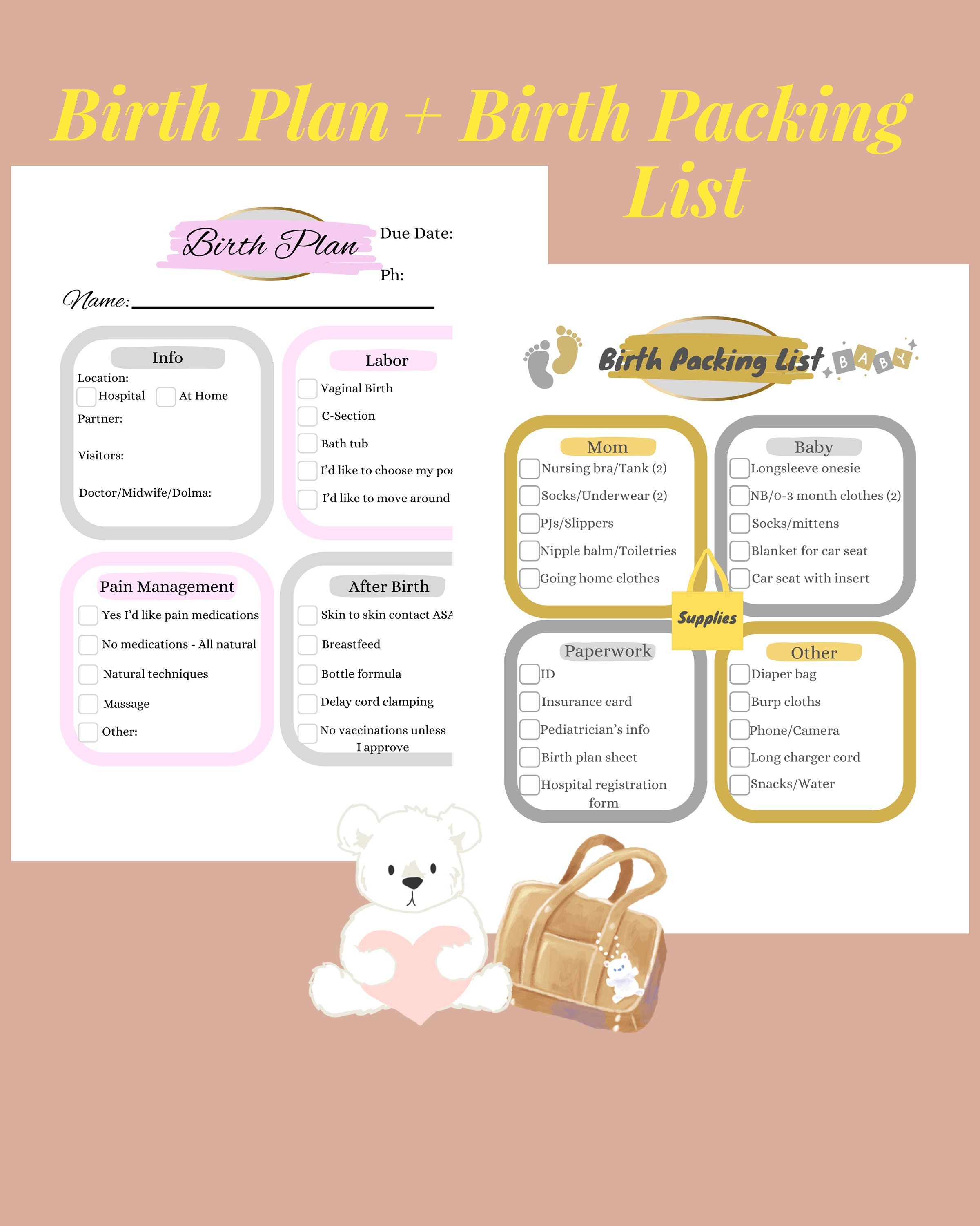Birth Plan and Packing List | Instant Download | Printable Birth ...