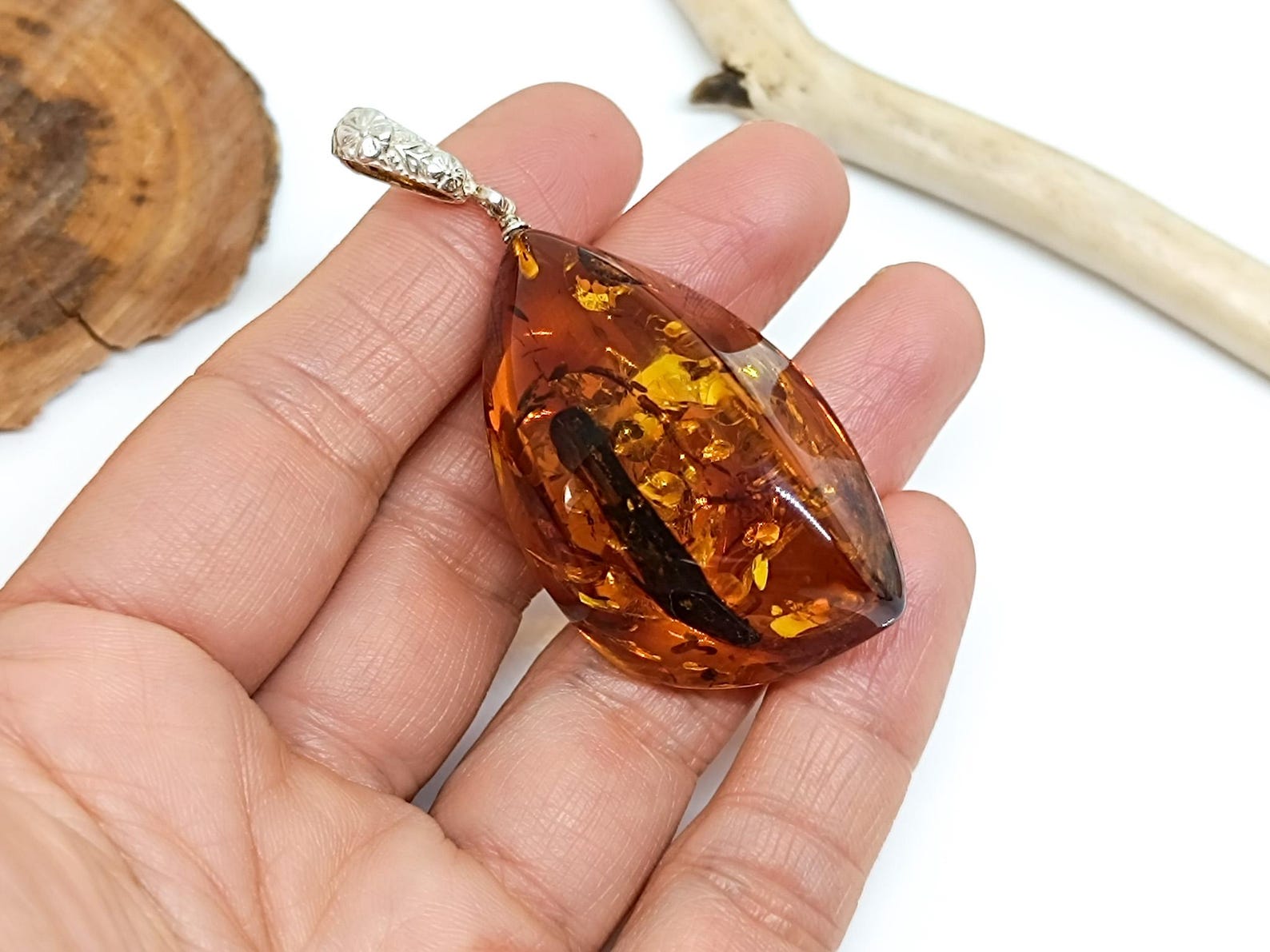 Large Amber Pendant With 925 Silver, Baltic Amber Pendant, Genuine Pure ...