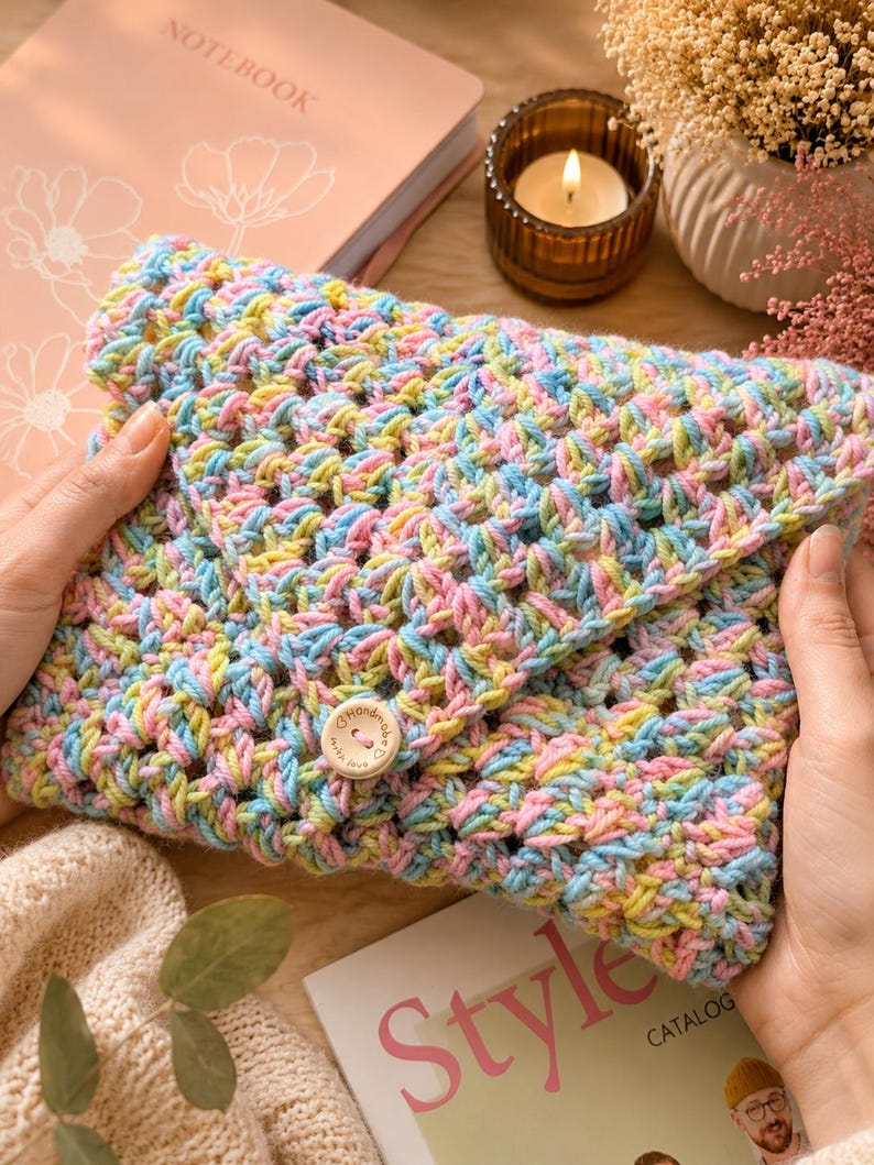 Crochet Book Sleeve, Pastel Granny Square Kindle Case, Handmade Acrylic ...