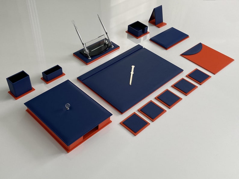 Orange Navy Blue Leather Desk Leather Office Set Office | Etsy