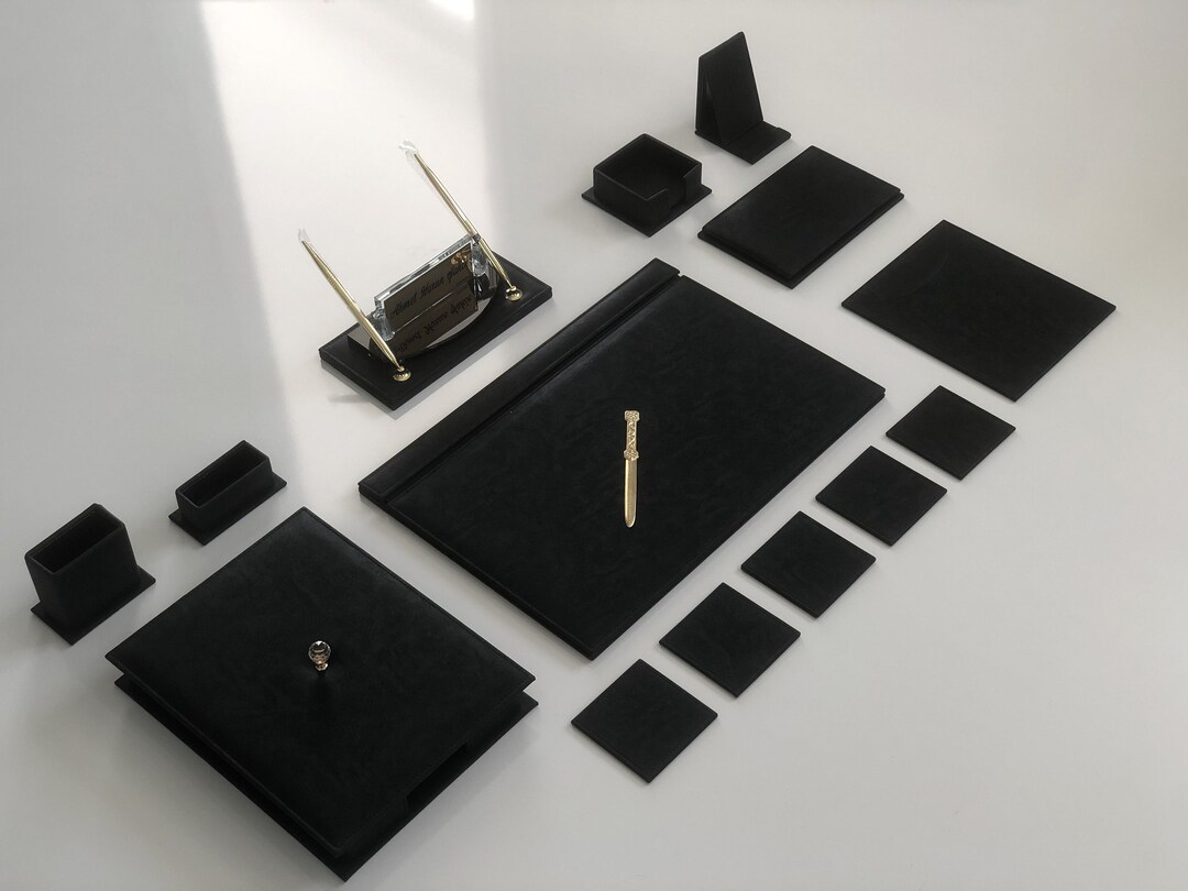 Black Soft Leather Luxury Desk Pad Leather Desk Set 18-piece ...