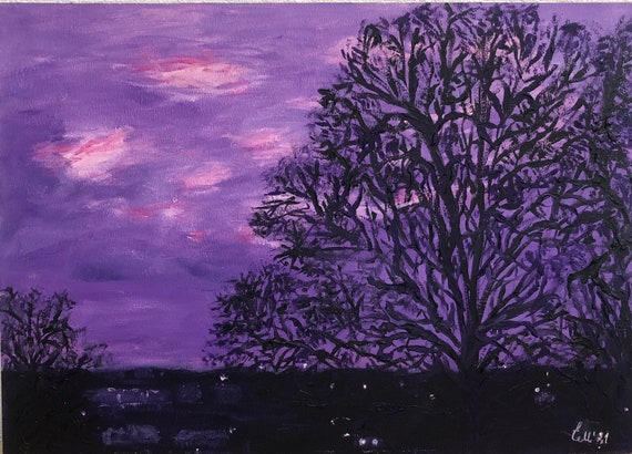 Purple Sunset Purple Painting Dark Tree Small Painting - Etsy