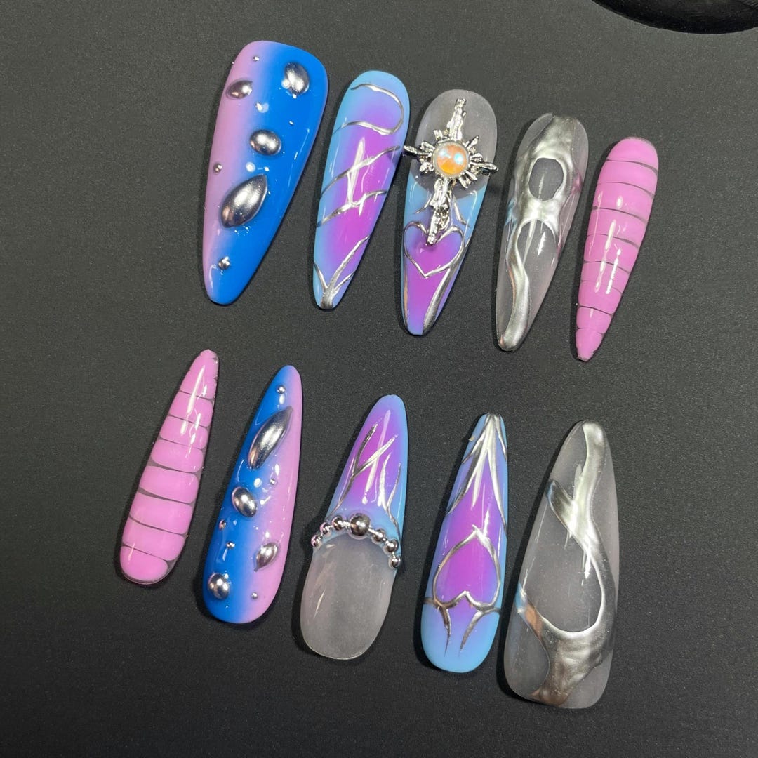 Blue and Purple Relief, Handmade Nail Art, Press-on Nails, Pink and ...