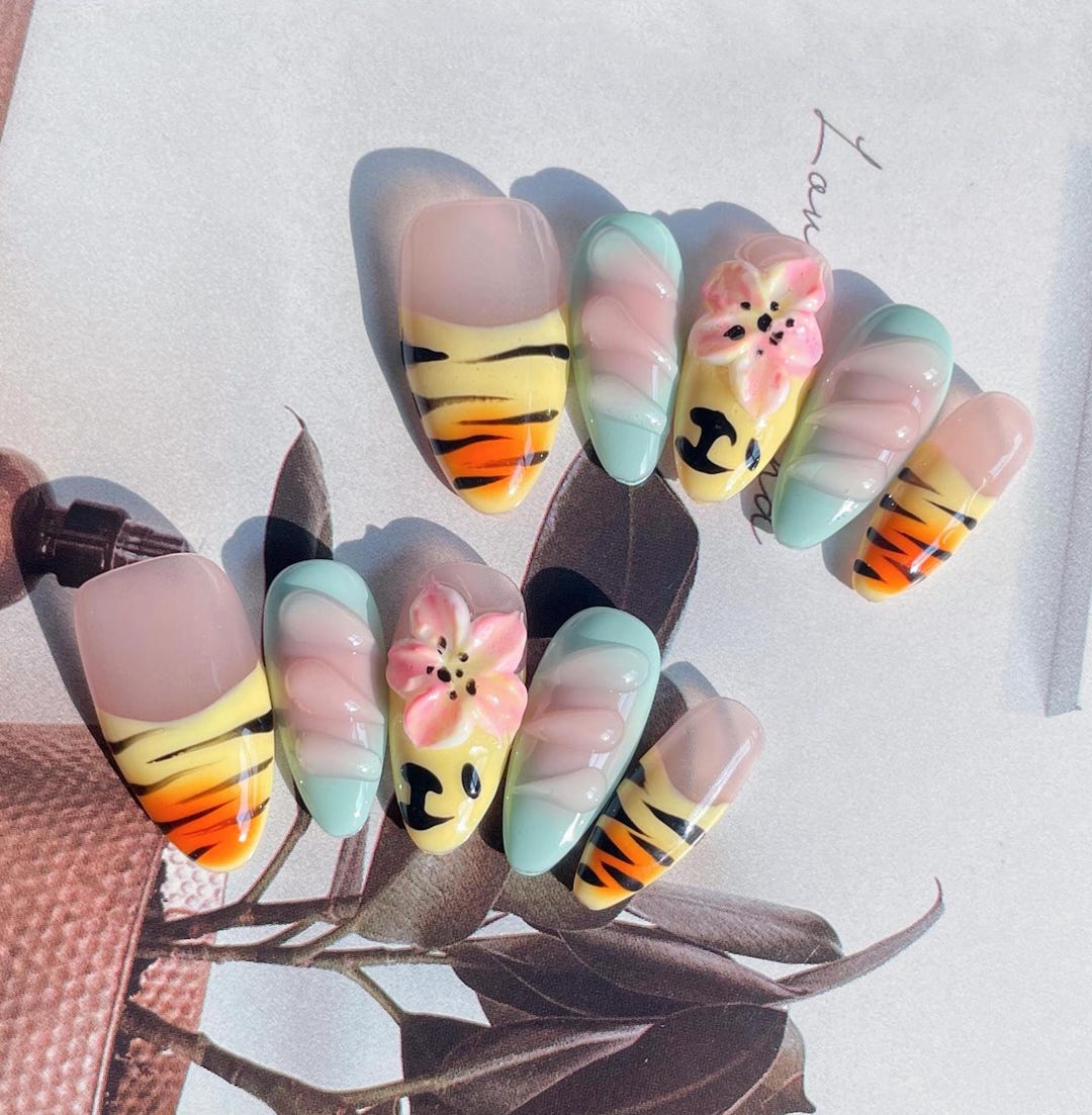 Sunset Hawaii, Press on Nails, 3d Carved Hand-pinched Flowers, French ...