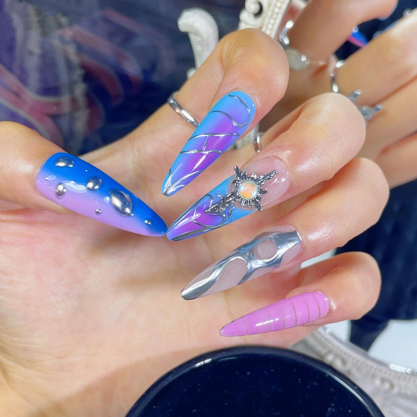 Blue and Purple Relief, Handmade Nail Art, Press-on Nails, Pink and ...