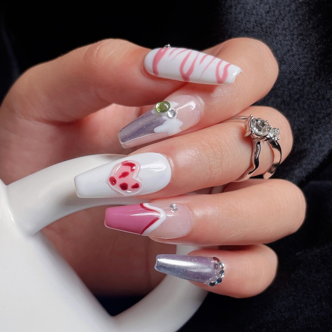 Spicy Cool Sweet Love, Handmade Nails, Leather Pink Flame Gel Hand ...