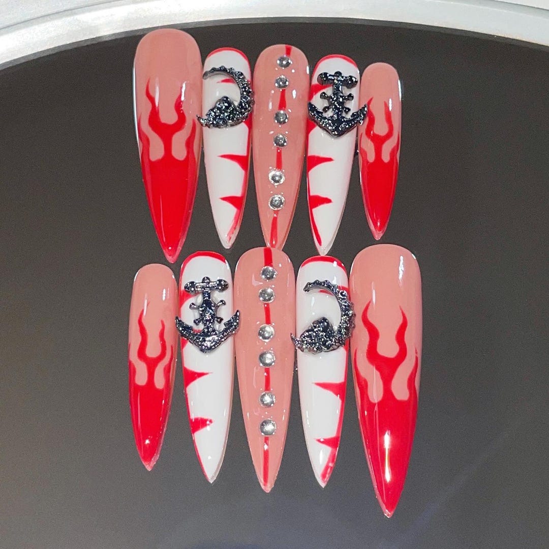 Flame Anchor, Press-on Nails, Xxl Super Long, Handmade, Orange Small ...
