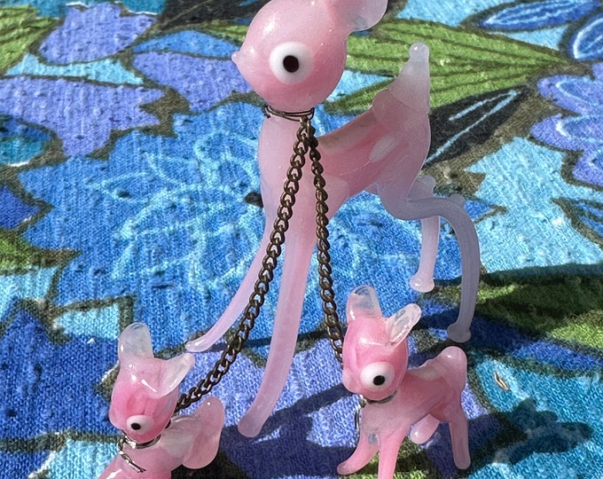 Rare Vintage MCM Pink Glass Deer Doe W/chain Baby Fawns Figurine As-is ...