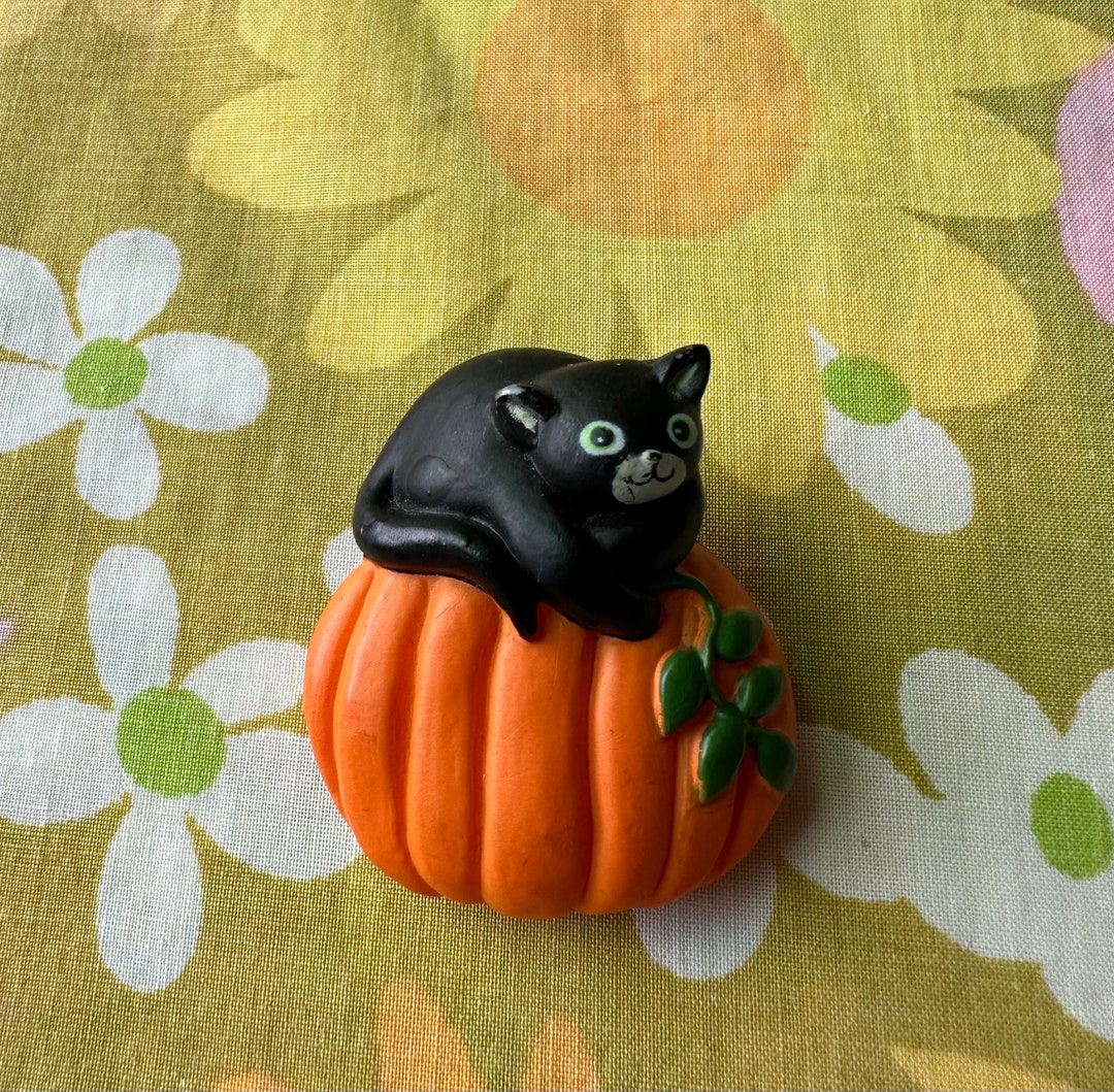 Vintage Fun World Halloween Black Cat on Pumpkin Pin - Etsy