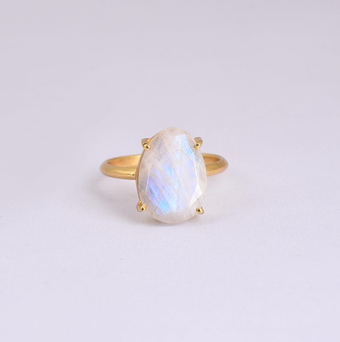 Rainbow Moonstone Ring, Faceted Moonstone Ring, Blue Fire Rainbow ...