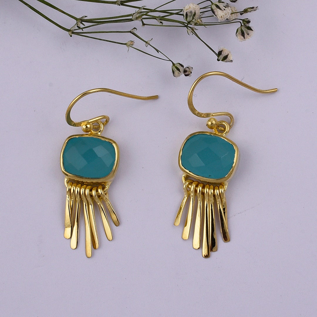 Aqua Chalcedon Ohrring, 925 Silber Ohrringe, Handgemachte Design Ohrringe, März Geburtsstein ...