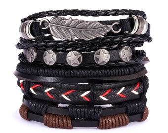 Mens Bracelet Genuine 5 Layer Set Wrap Braided Black | Etsy