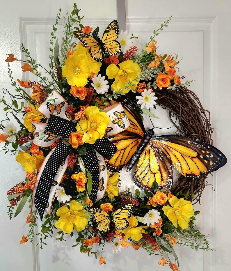 Monarch Butterfly Wreath for Front Door, Wildflower Summer Decor ...
