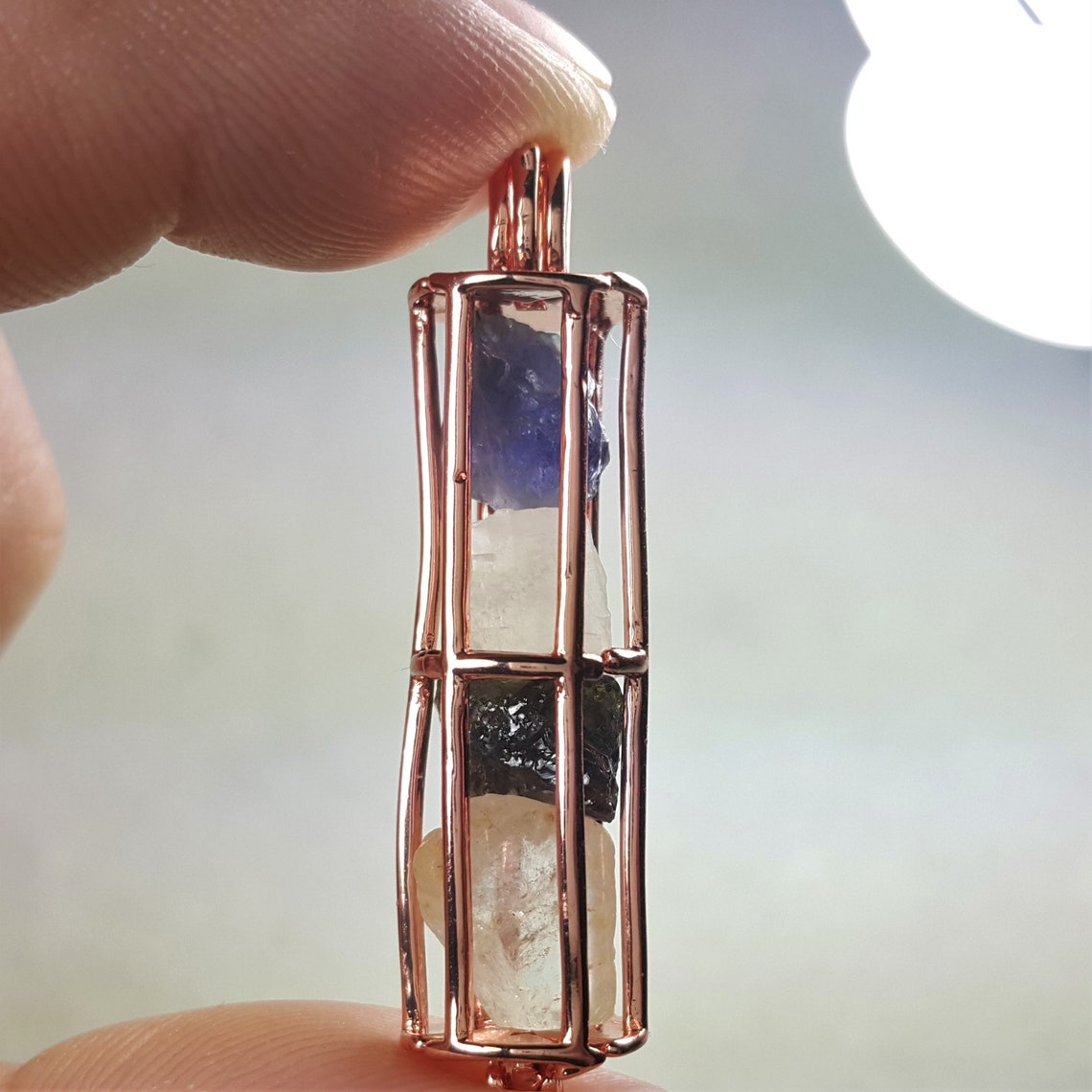 Synergy 12 Stone Pendant: Rose Gold Cage, Phenacite, Moldavite - Etsy
