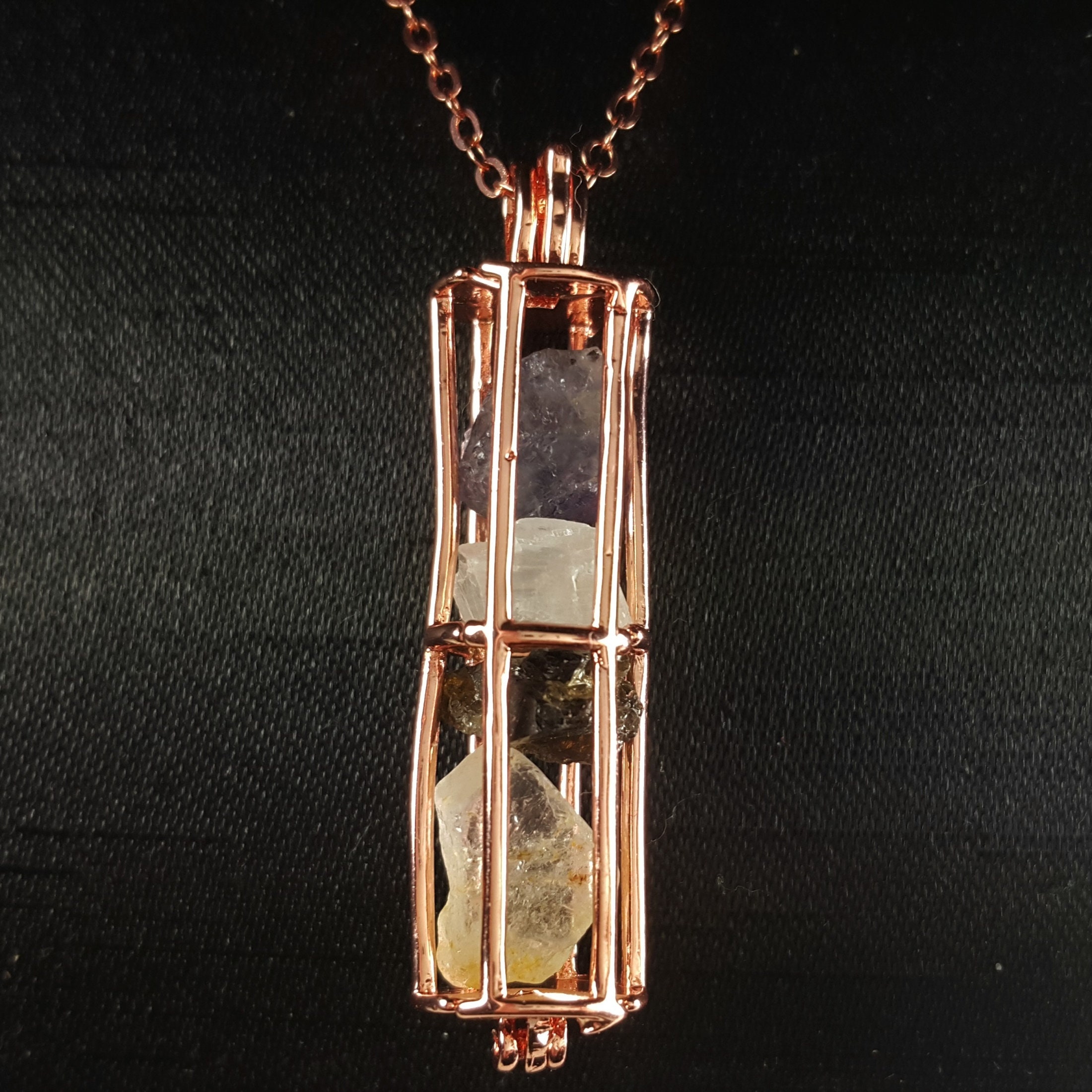 Synergy 12 Stone Pendant: Rose Gold Cage, Phenacite, Moldavite - Etsy