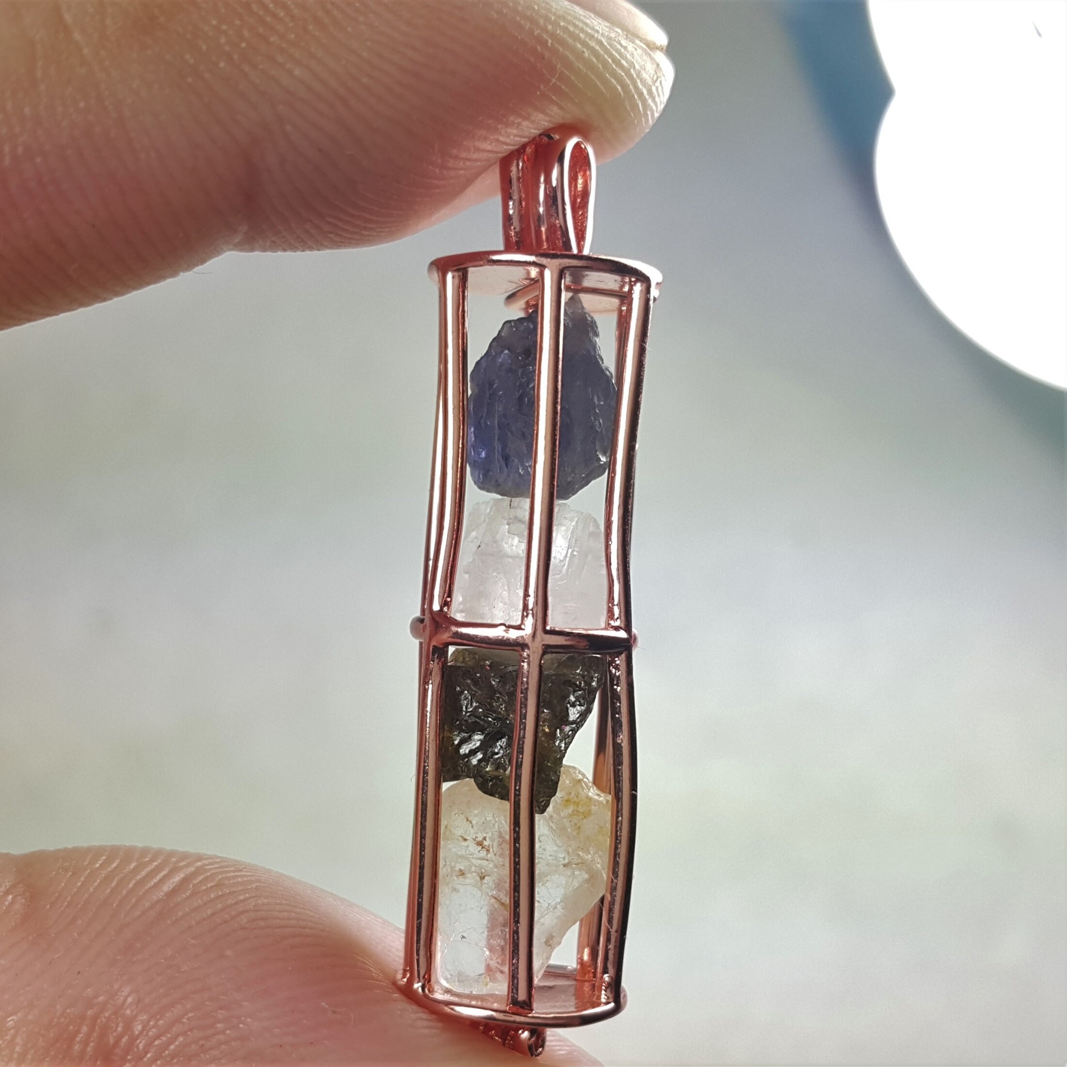 Synergy 12 Stone Pendant: Rose Gold Cage, Phenacite, Moldavite - Etsy