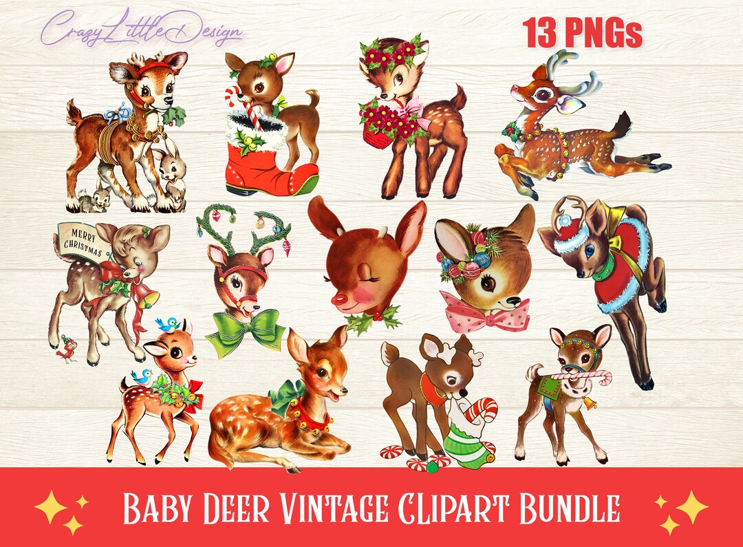 Vintage Deer PNG Clipart Bundle, Christmas Vintage Clipart, Christmas ...