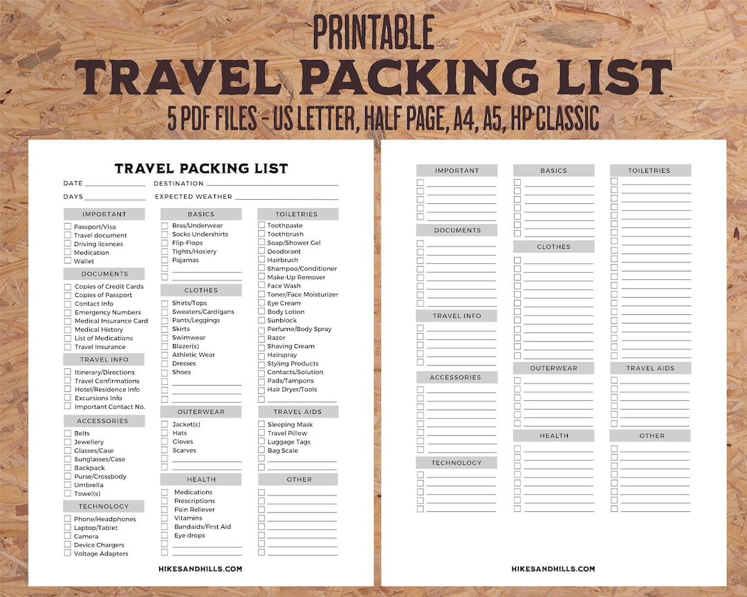 Printable Travel Packing List PDF Download Vacation Planner Packing ...