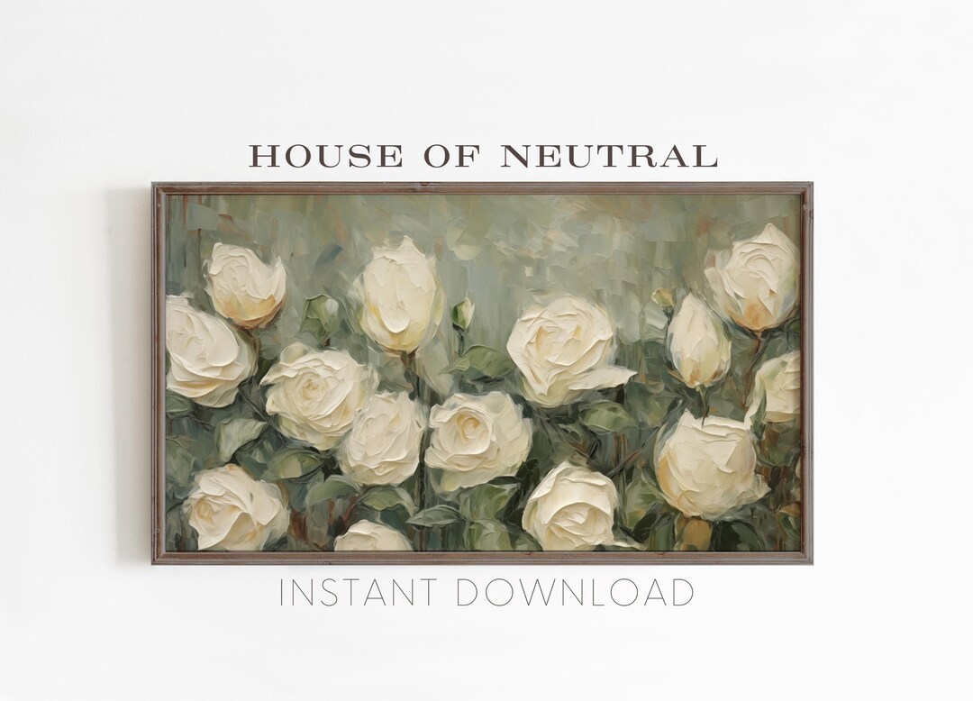Frame TV Art - White Roses, Vintage Oil Painting, Rustic Farmhouse Fine ...