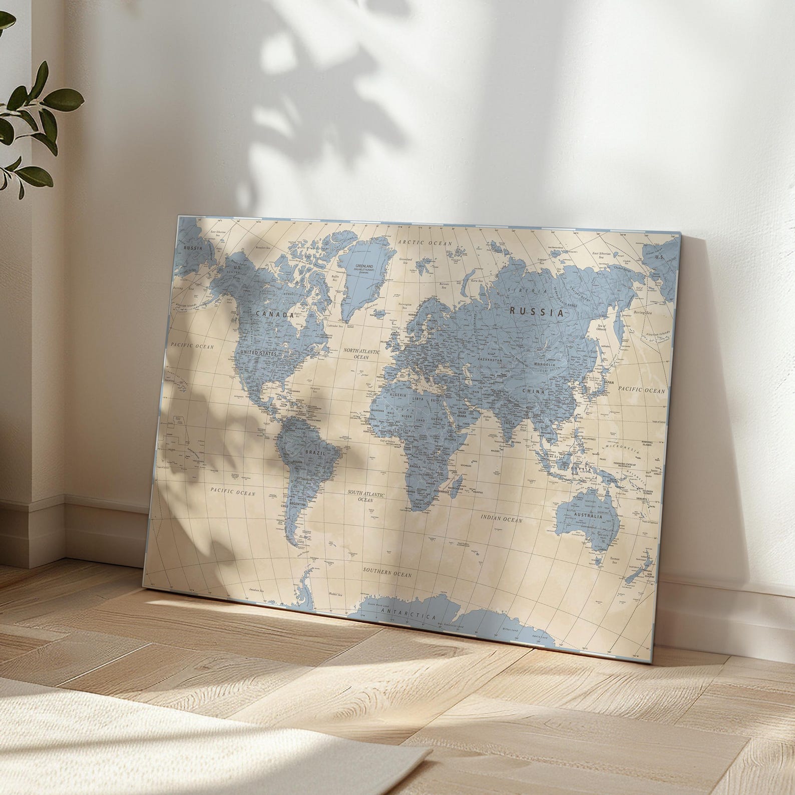 World Map Instant Download (XL) - Printable World Map, Dusty Blue World ...
