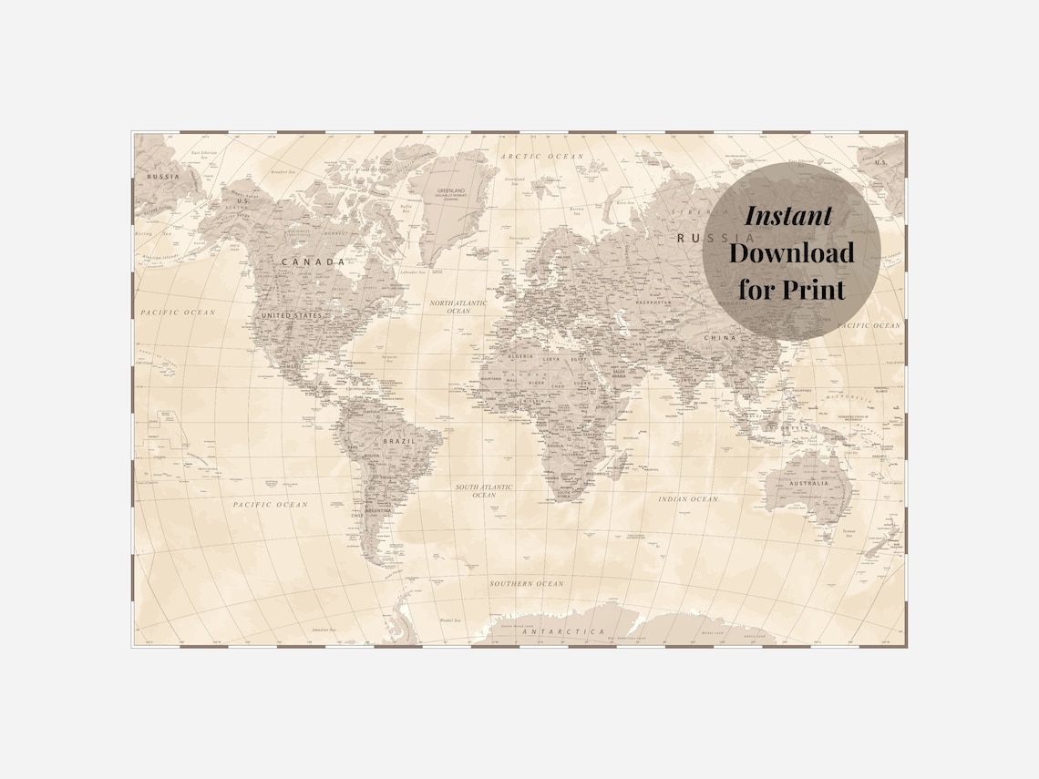 World Map Instant Download XL Printable World Map - Etsy