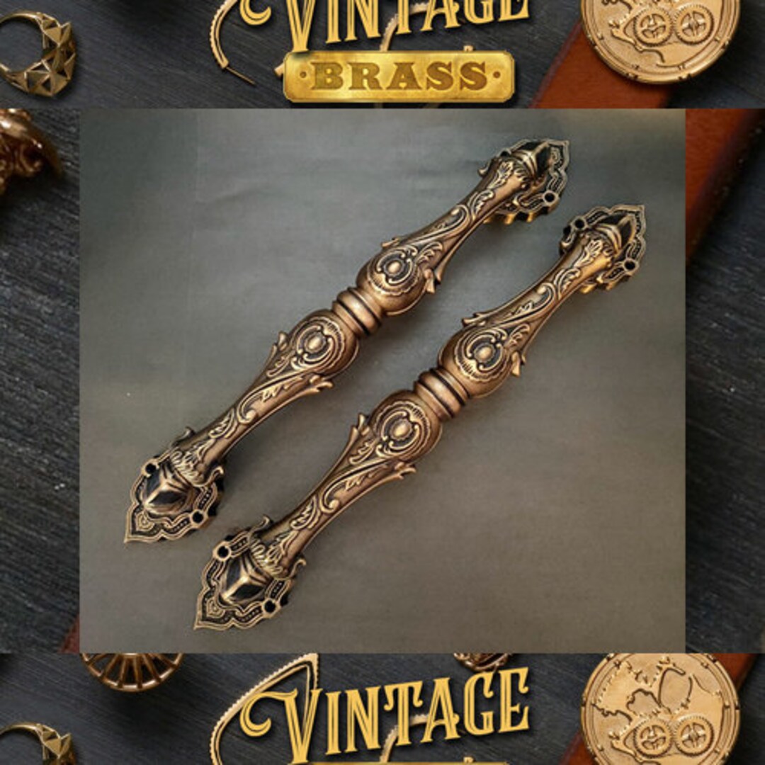 Set of Vintage Main Entry Door Pull Handle Batik Shape Solid Brass Home ...