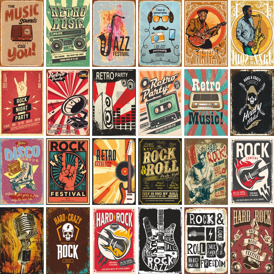 Set of 24 Retro Wooden Posters With a Music Theme. Rock - Etsy