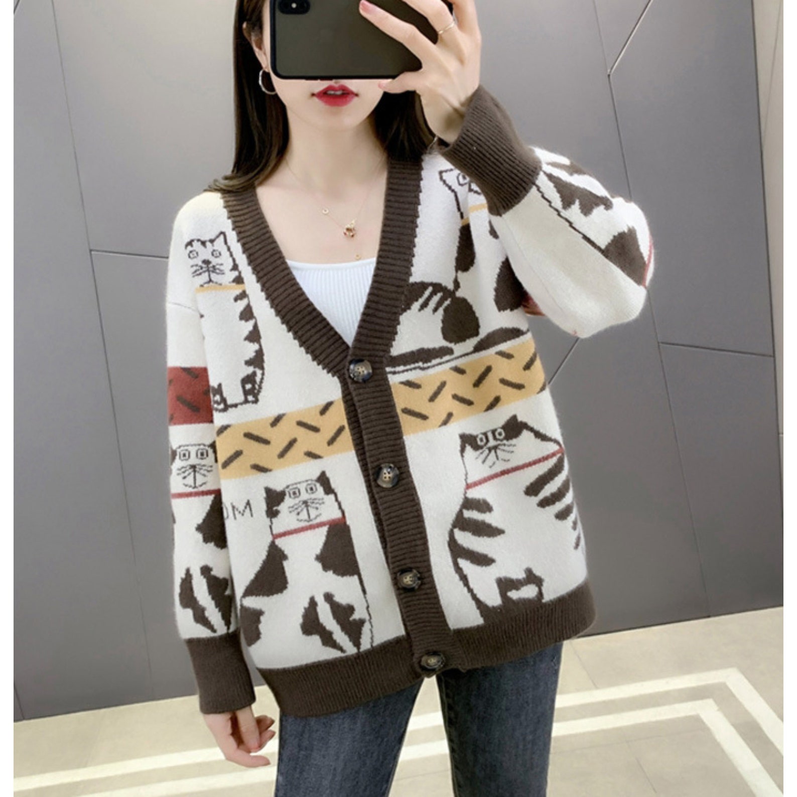 Cartoon Cat V Neck Cardigan, Womens Cardigan, Womens Outerwear, Womens ...