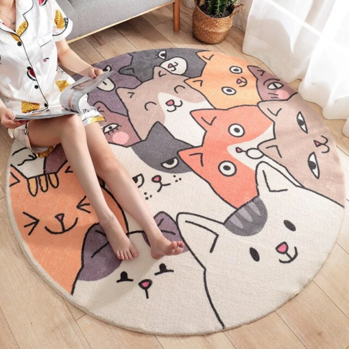 Cartoon Cute Kawaii Cat Round Mat Carpet Cute Home Decor Cat | Etsy