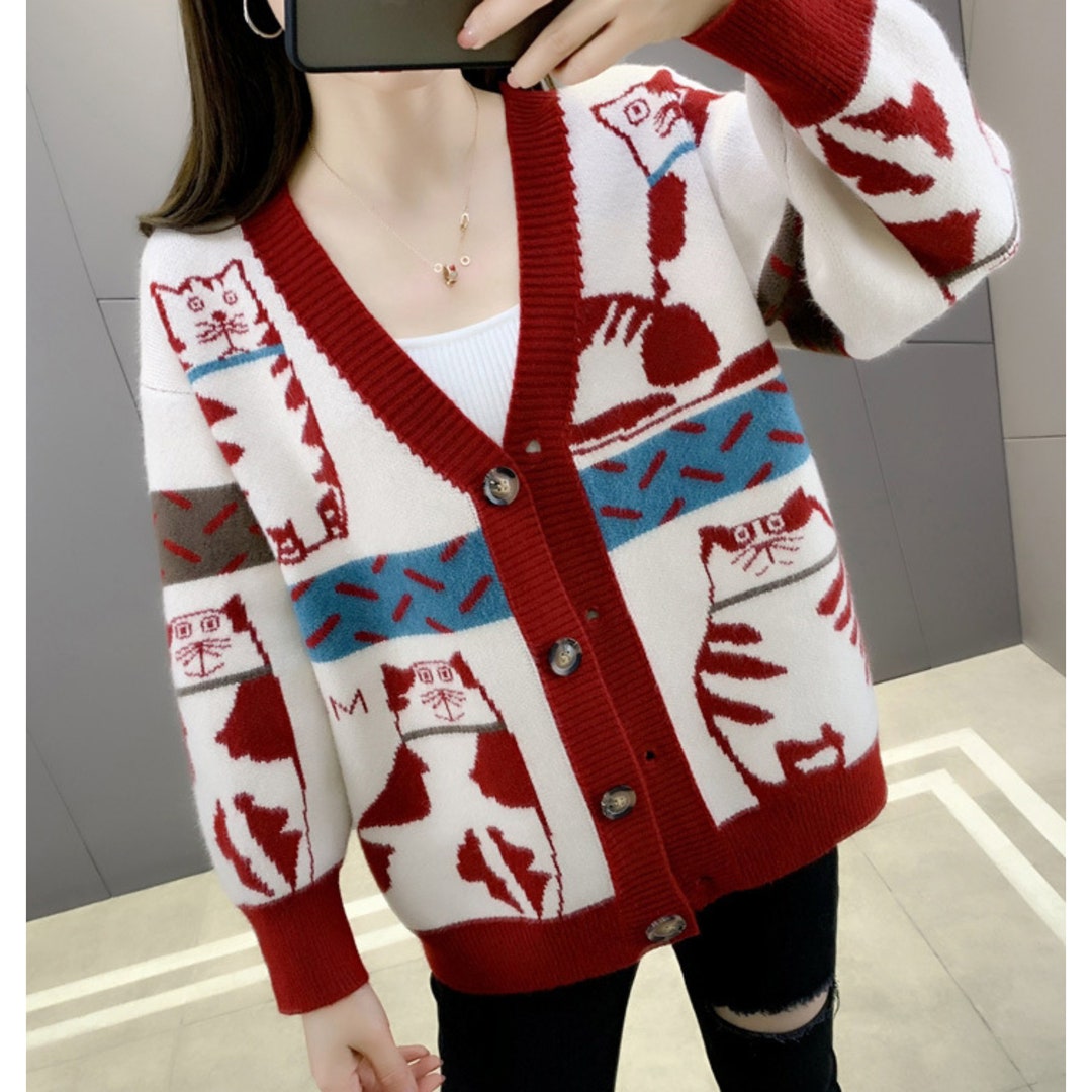 Cartoon Cat V Neck Cardigan, Women’s Cardigan, Women’s Outerwear, Women ...