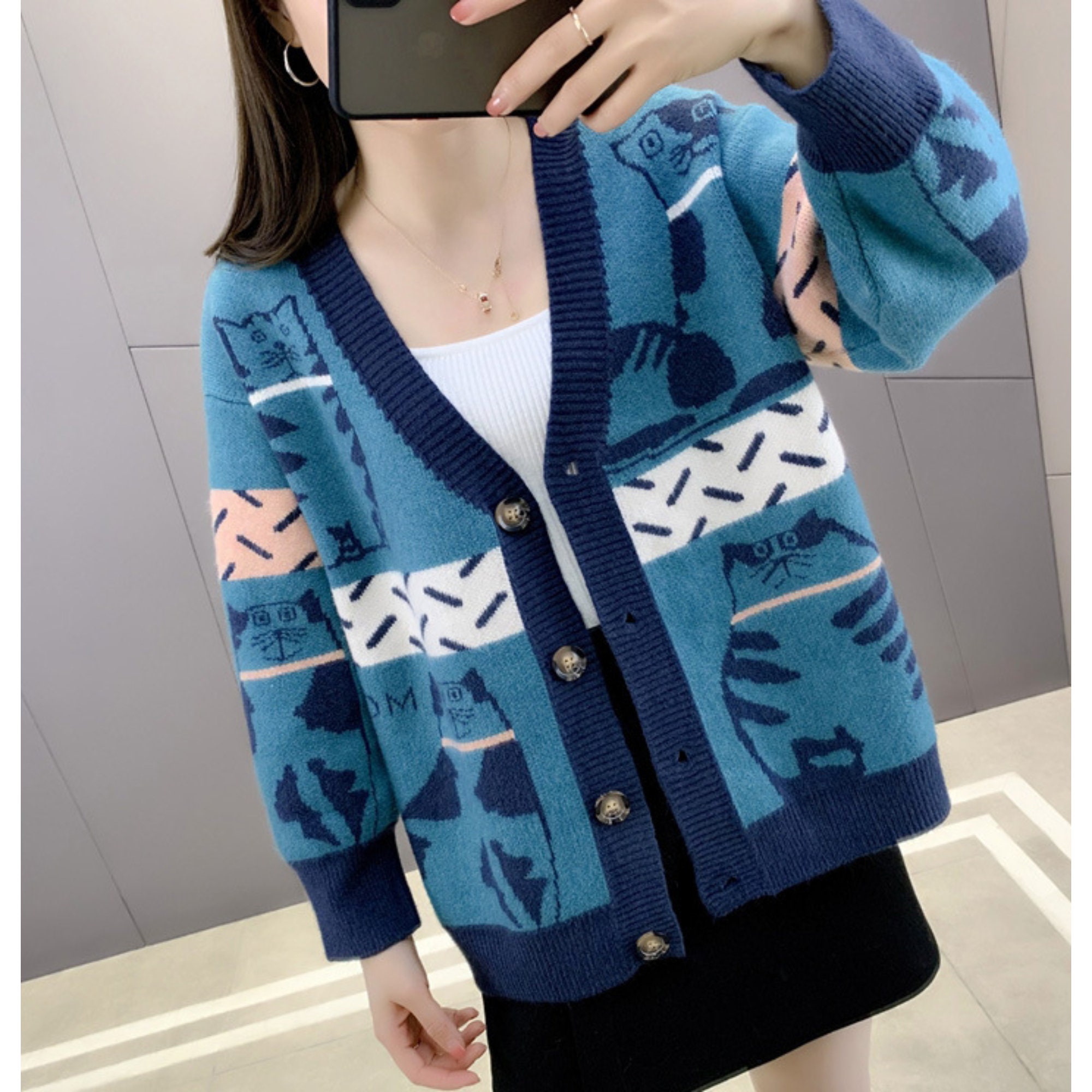 Cartoon Cat V Neck Cardigan, Womens Cardigan, Womens Outerwear, Womens ...