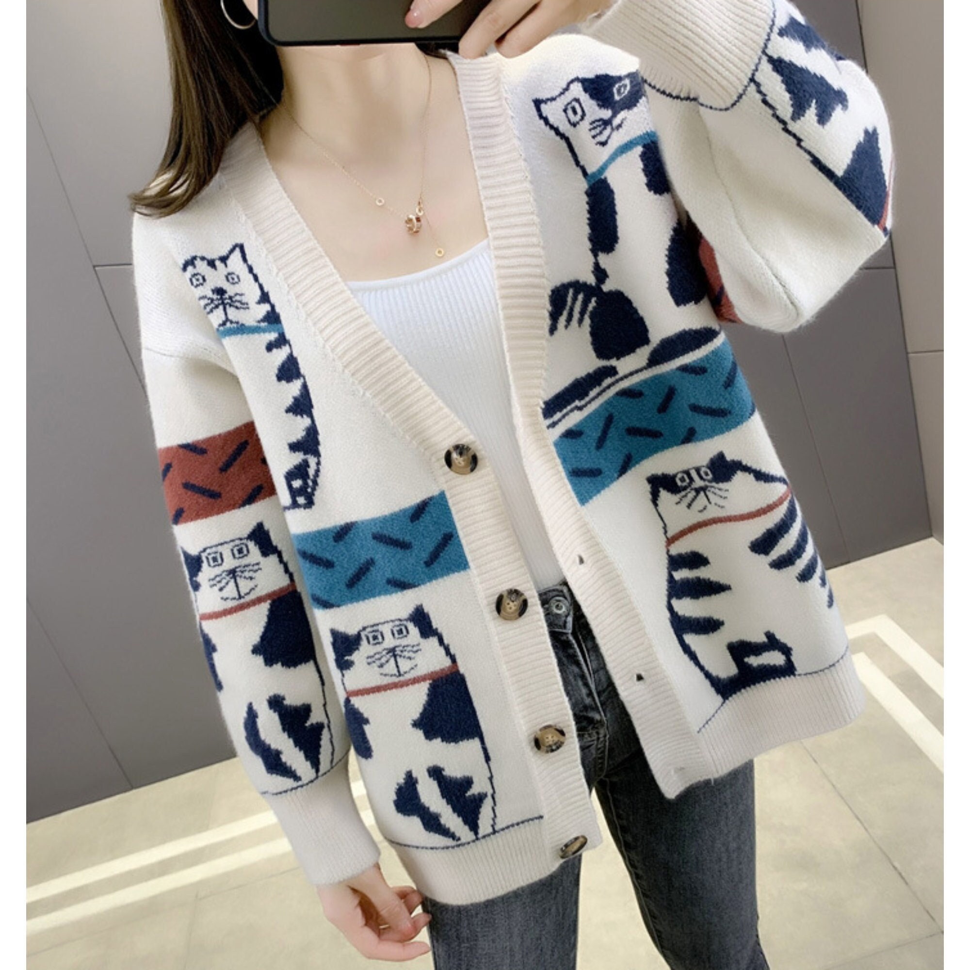 Cartoon Cat V Neck Cardigan, Women’s Cardigan, Women’s Outerwear, Women ...